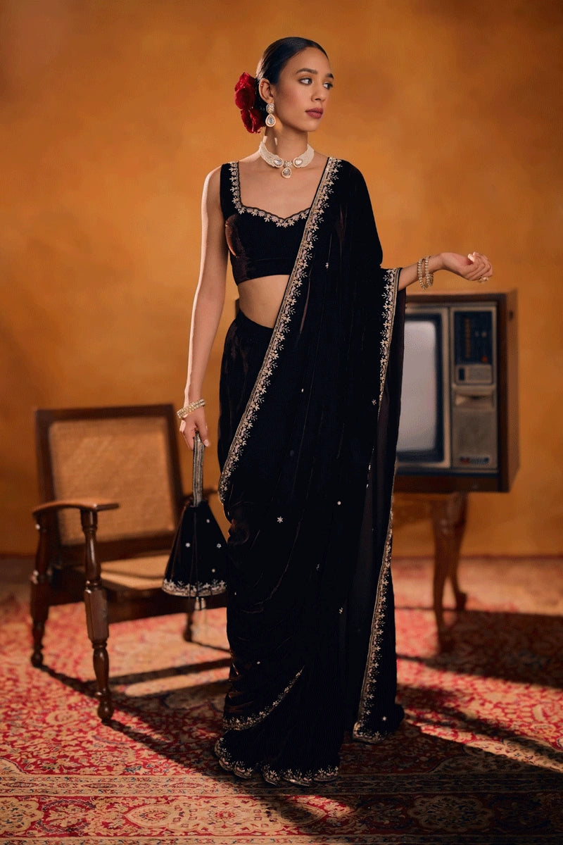 Bridesmaid Reception Wear Black Velvet Saree - Anaya Designer Studio