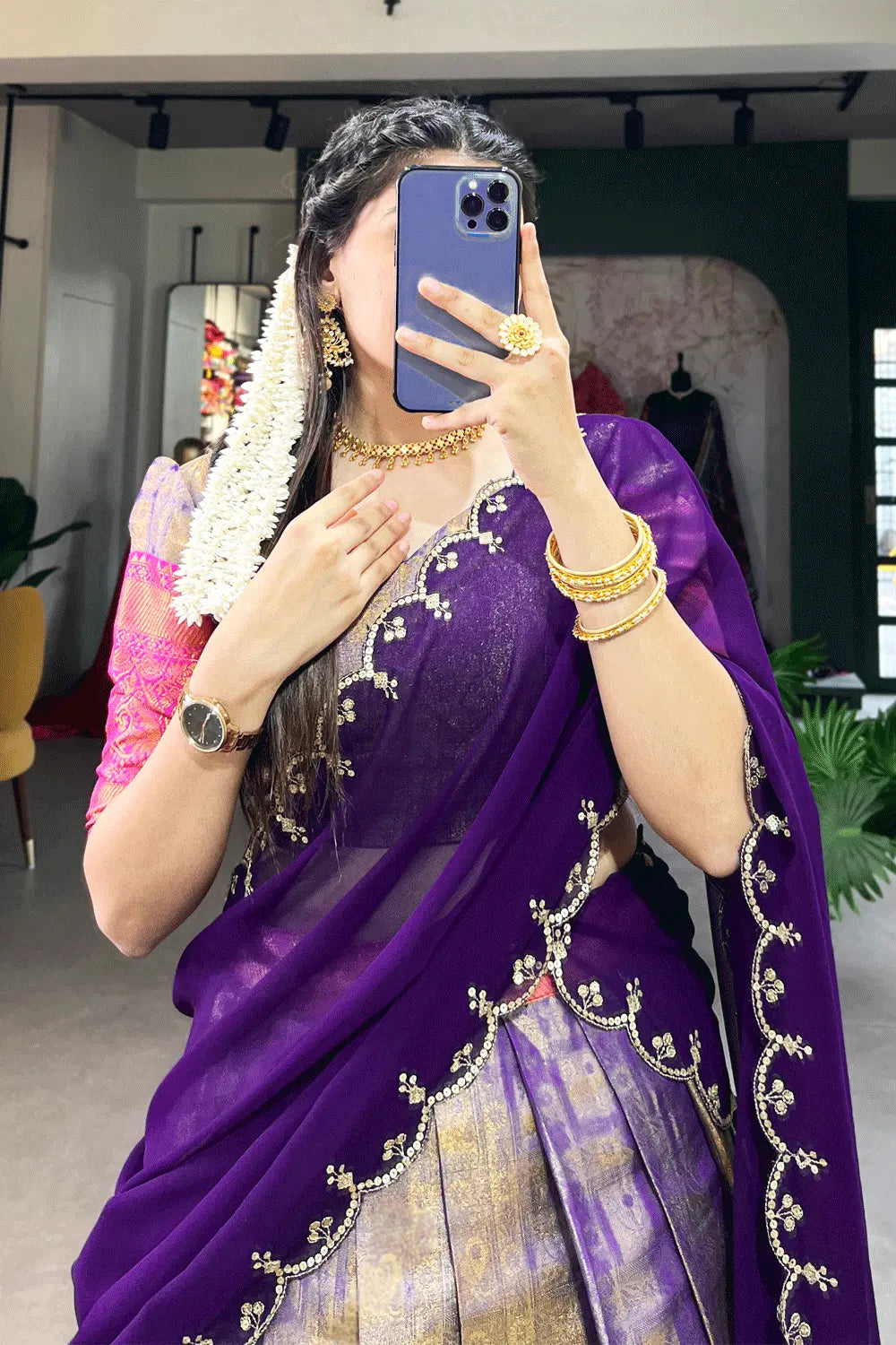 Kanjiveram Silk Blue Half Saree For Girls – Anaya Designer Studio