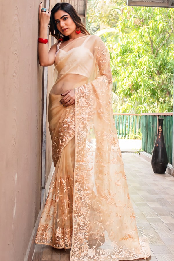 Get Cream Color Organza Saree For Married Women In 2022
