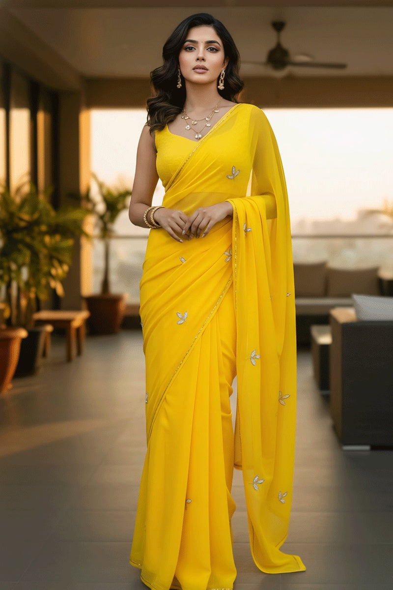 Haldi Special Yellow Color Handwork Saree