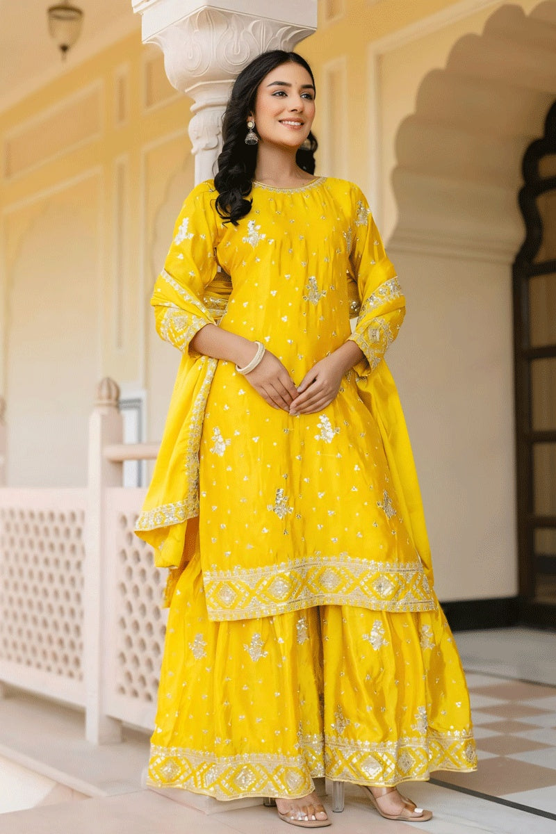 Haldi Special Designer Embroidery Work Sharara Suit - Anaya Designer Studio