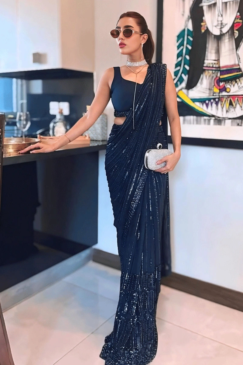 Navy Blue Sequence Saree For Reception Party - Anaya Designer Studio