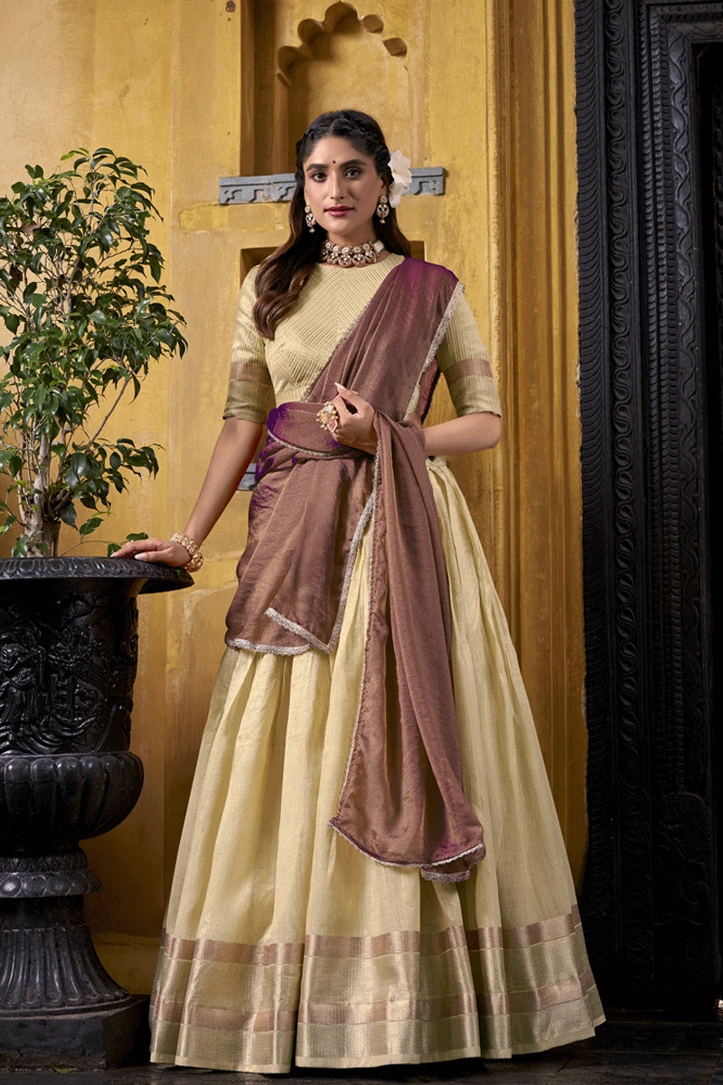 Yellow Color Half Saree With Zari Work For Onam - Anaya Designer Studio