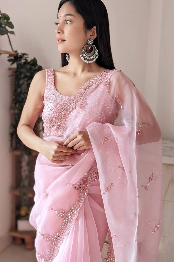 Pink Organza Mirror Work Saree In 2021-2022 – Anaya Designer Studio
