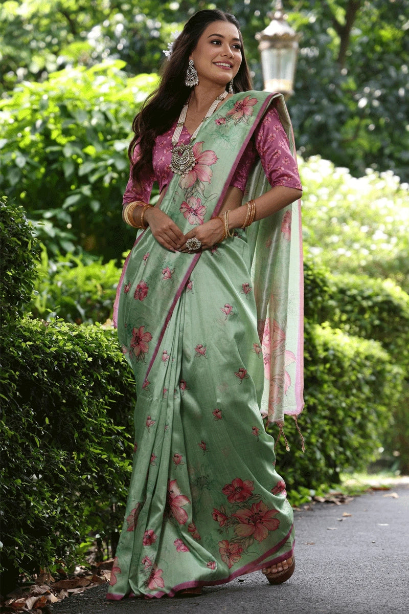 Beautiful Pista Colour Saree For Festive Occasions - Anaya Designer Studio