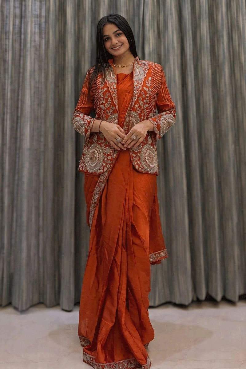 Ready To Wear Orange Color Jacket Style Saree - Anaya Designer Studio