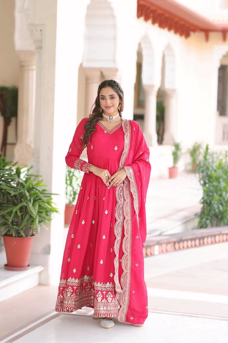 Festive Wear Rani Pink Color Long Sleeves Anarkali Gown - Anaya ...