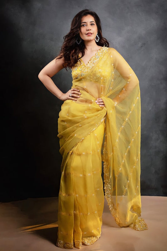 Rashi Khanna Yellow Designer Saree For Haldi Function - Anaya Designer ...