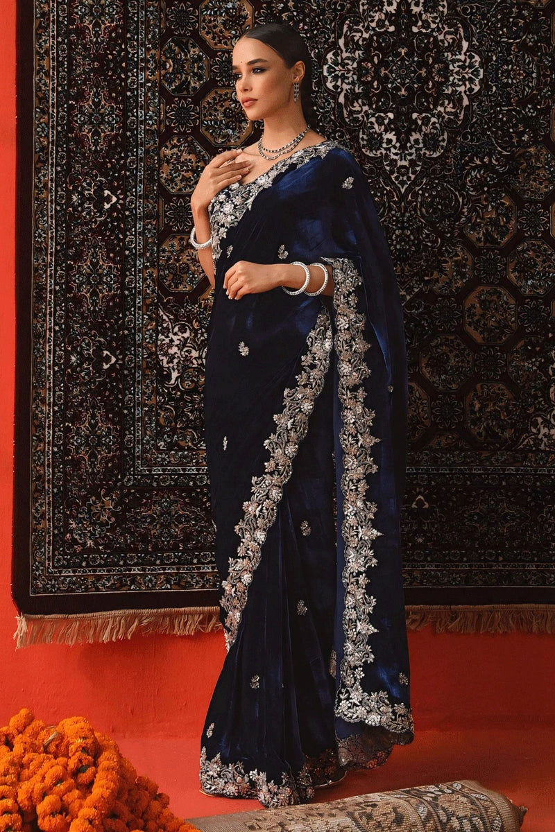 Reception Party Wear Velvet Fabric Saree For Girl - Anaya Designer Studio