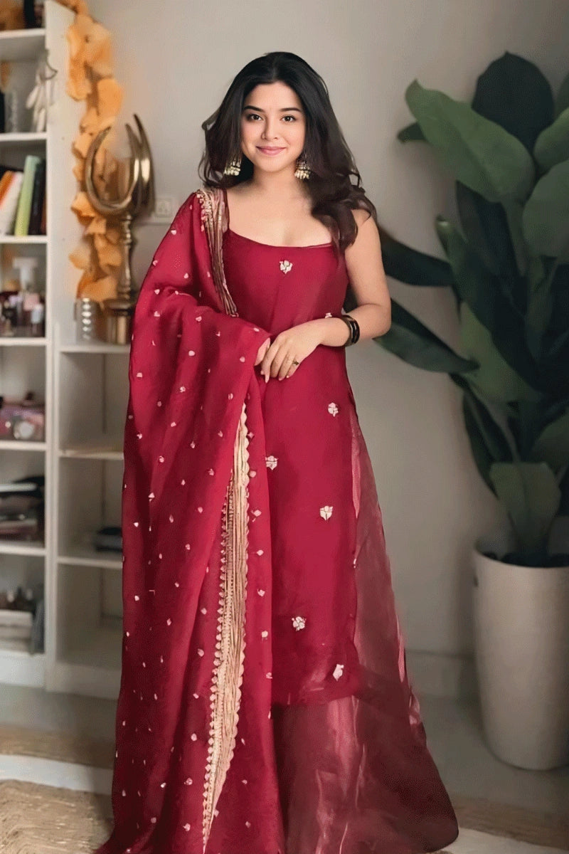 Sleeveless Dark Red Color Plazo Suit For Gen Z Girl - Anaya Designer Studio