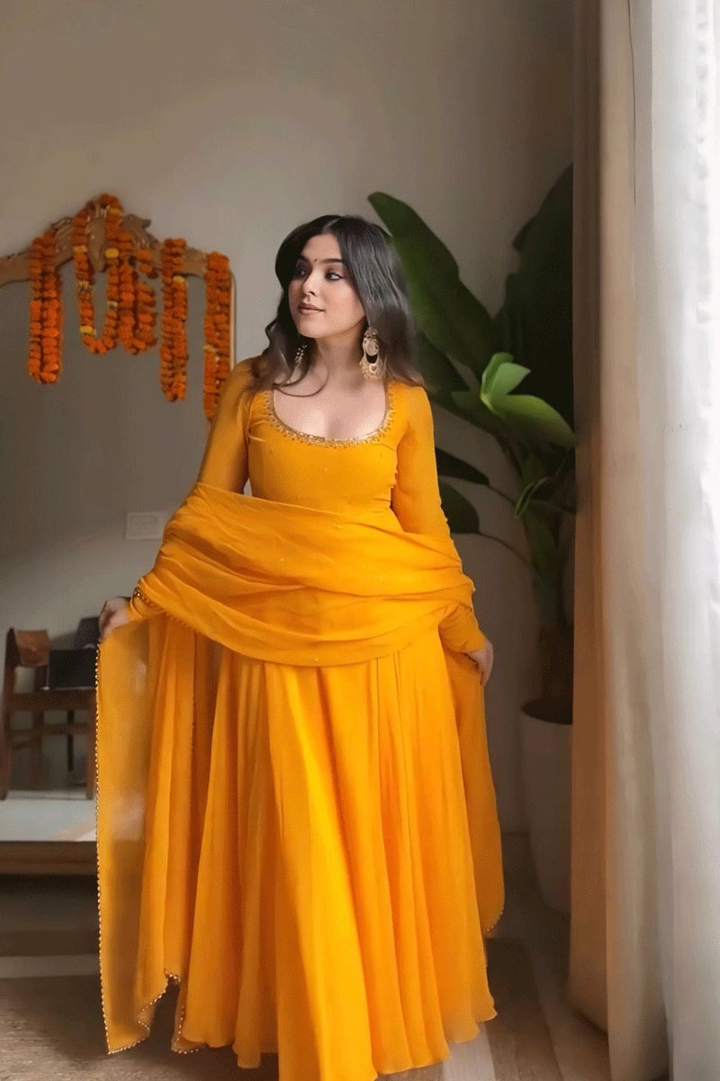 Long Sleeves Heavy Flair Yellow Color Anarkali Suit - Anaya Designer Studio