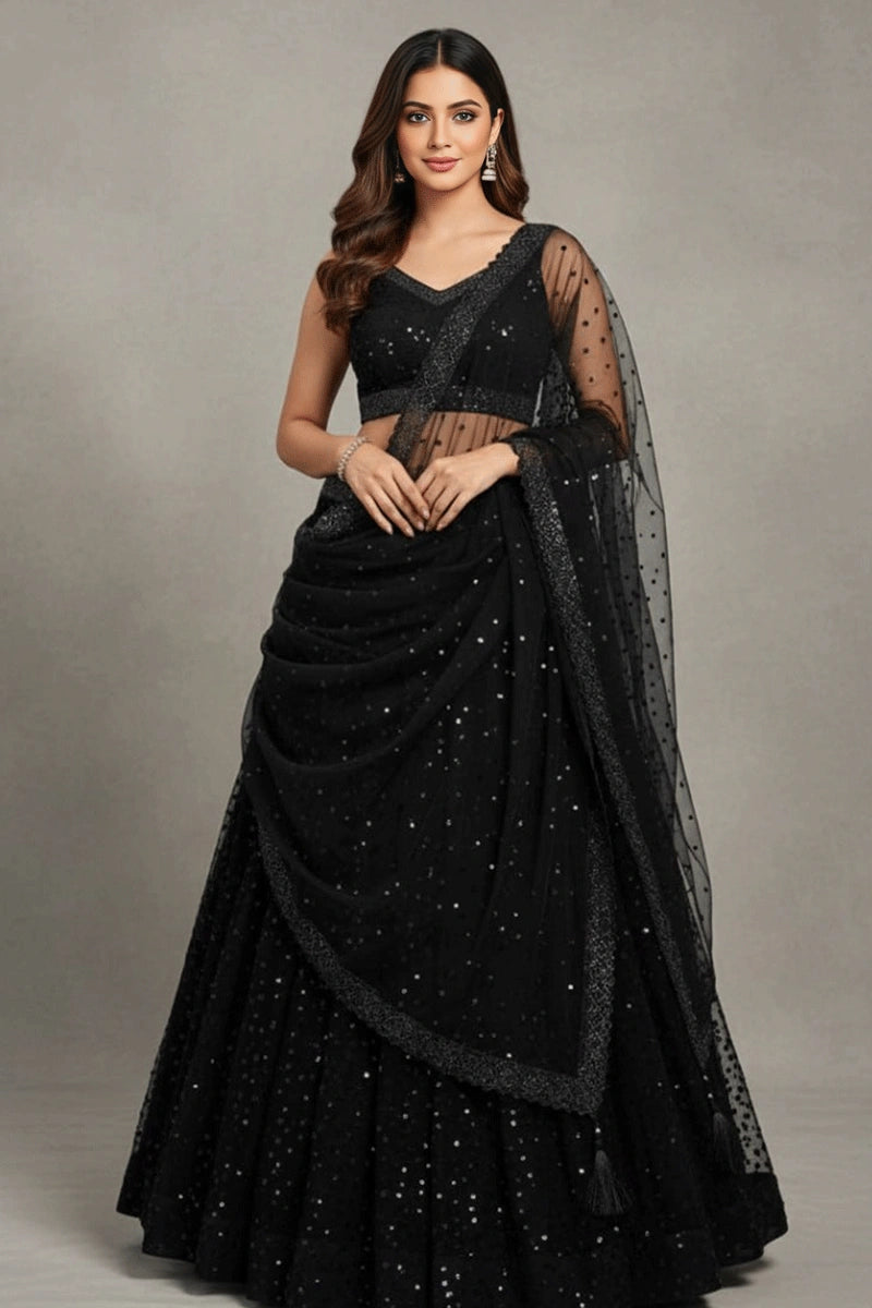 Black Sequence Work Net Lehenga For Reception Party - Anaya Designer Studio