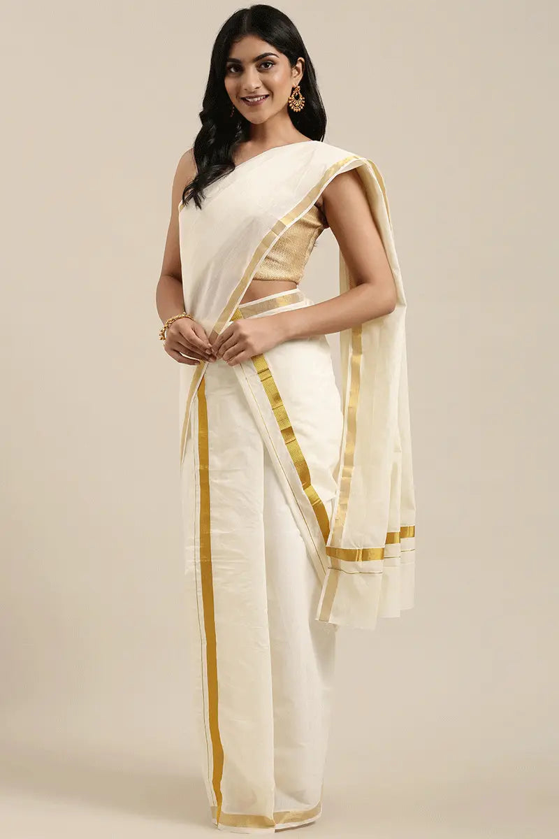 Off White Saree For Onam With Golden Border